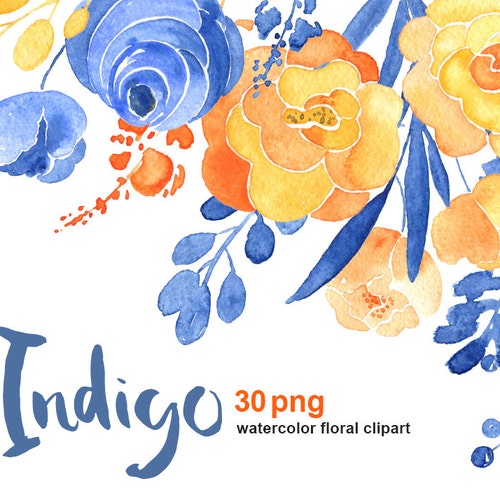 Watercolor Floral Clipart: Indigo Blue Orange Flowers - Etsy