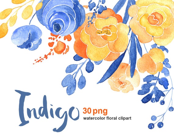 Watercolor floral clipart: indigo blue orange flowers | Etsy
