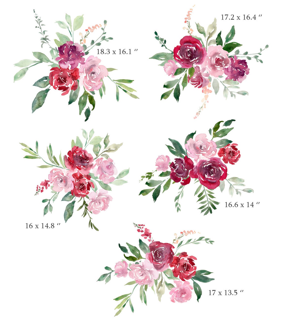 Watercolor Bouquets Floral Clipart Red Pink Flowers Clip Art | Etsy