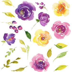 Bright Watercolor Floral Clipart Spring Summer Roses Peony Violet ...