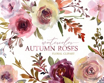 Watercolor Floral Clipart Autumn Flowers Clip Art Roses Wreath Bouquets ...