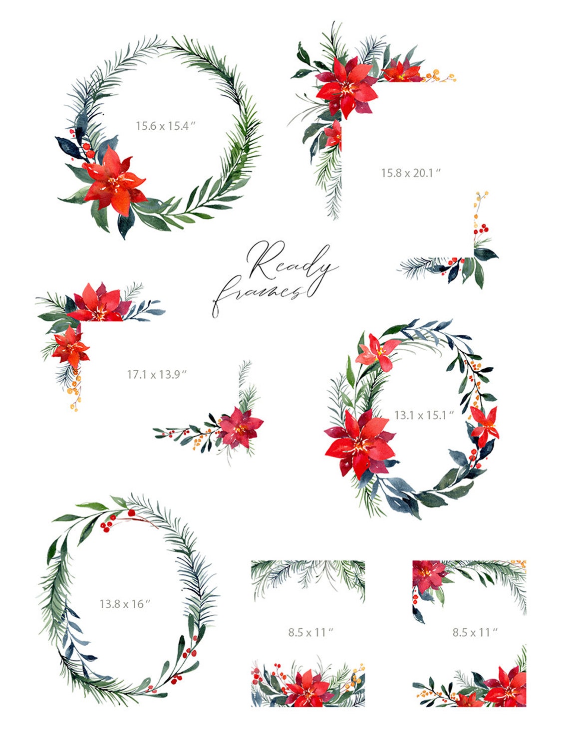 Christmas Watercolor Frames Clipart Wreaths Xmas Clip Art New - Etsy
