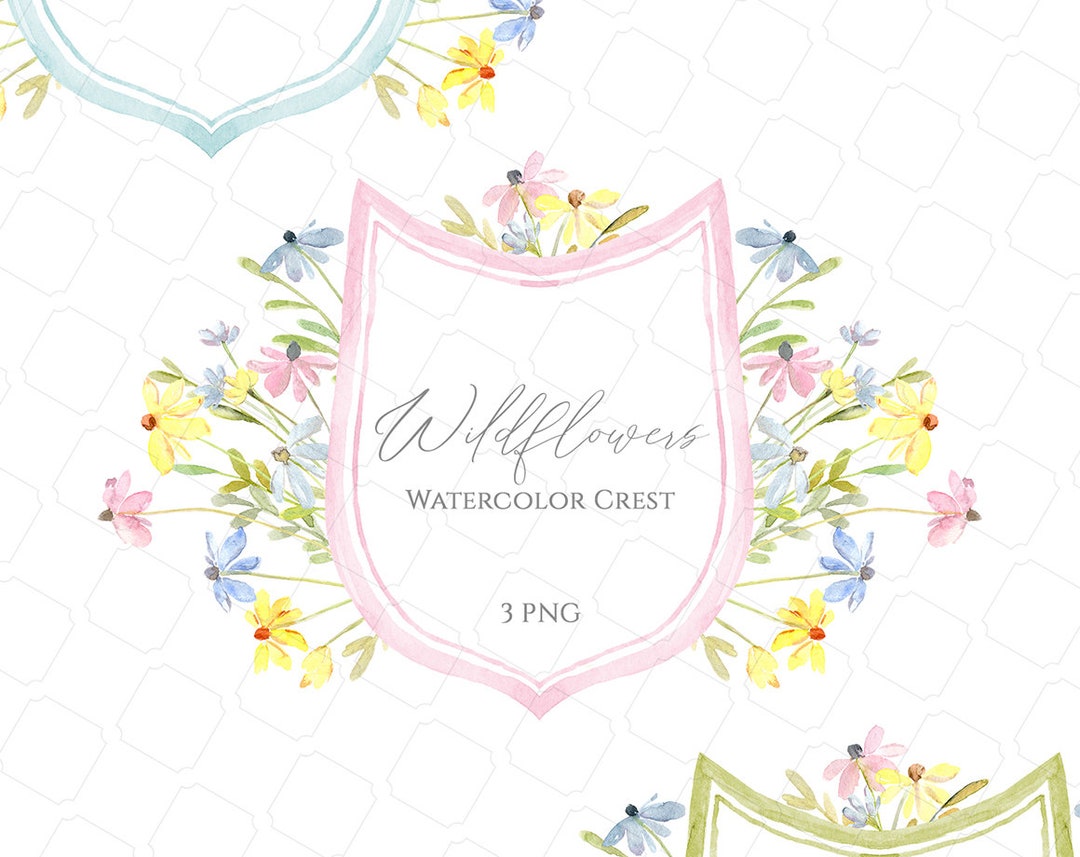 Watercolor Wildflower Crest Frame Clipart Light Pink Blue Green Wild ...