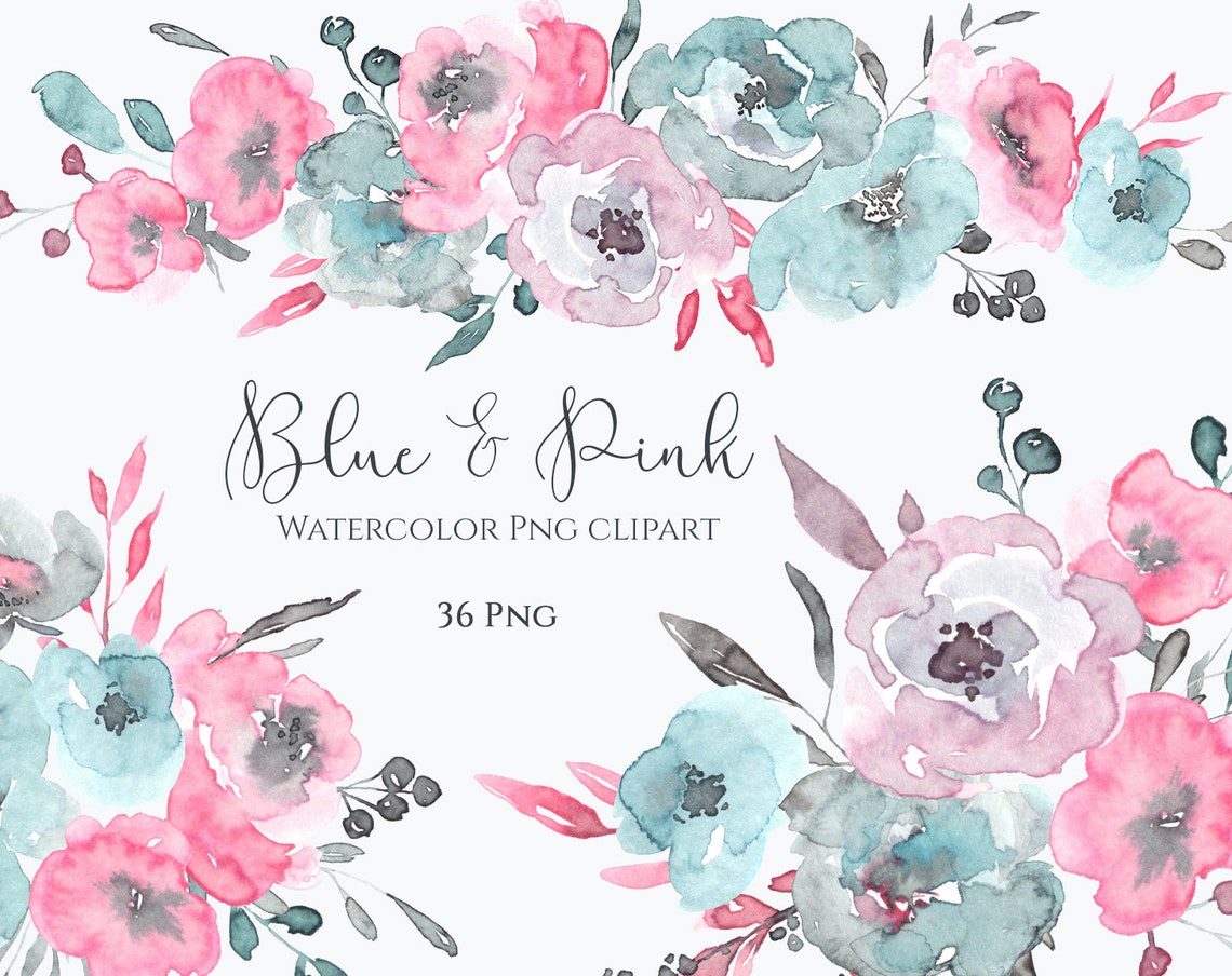 Watercolor Pink Blue Floral Clipart Gentle Pale Dusty Light - Etsy