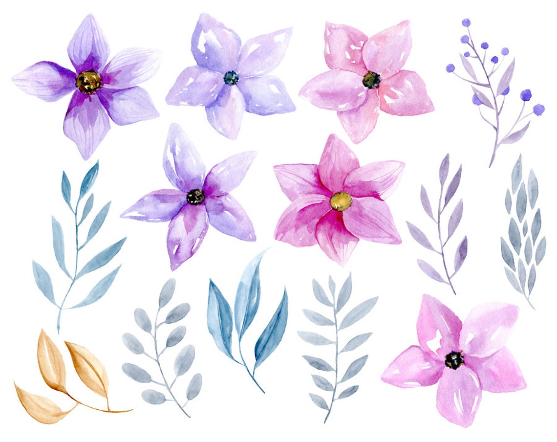 Watercolor Flower Clipart: 14 Purple and Pink Flowers - Etsy
