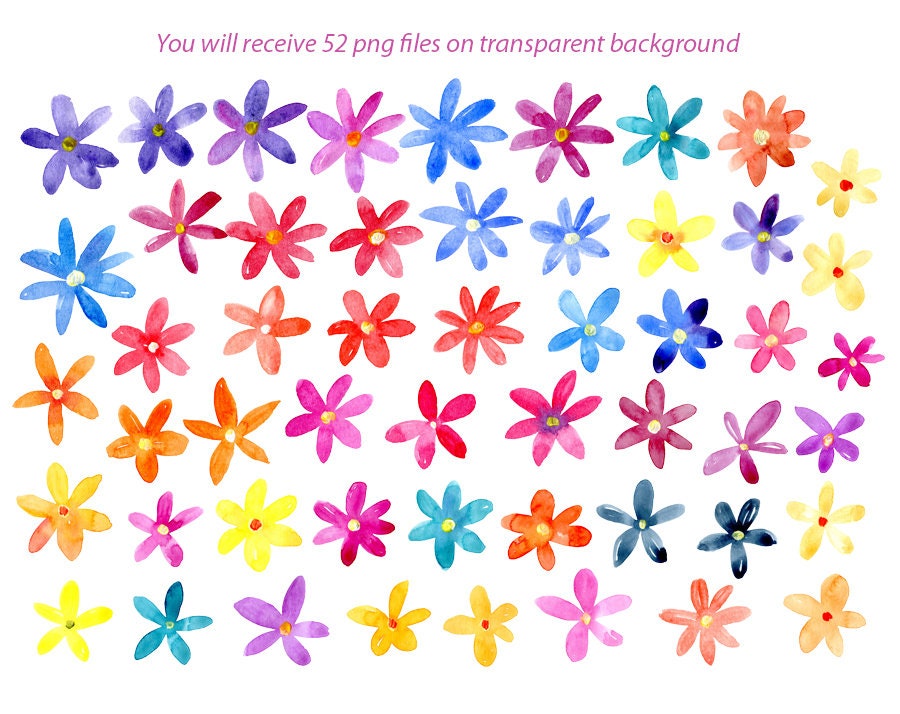 Watercolor floral clipart: 52 bright Flowers Aquarelle Digital | Etsy