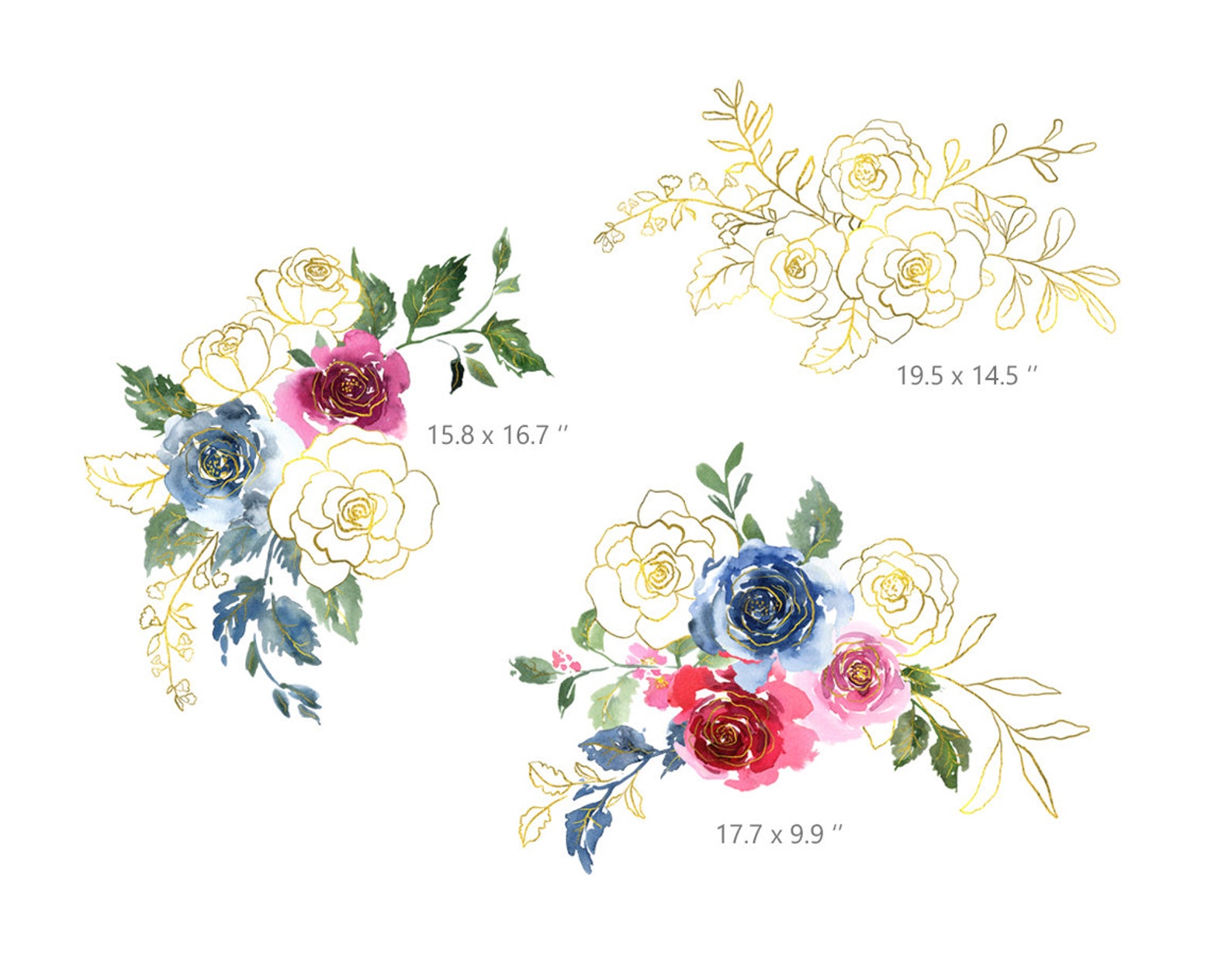 Watercolor Flowers Clipart Blue Red Gold Watercolour Floral - Etsy