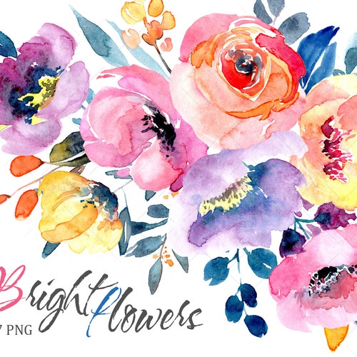 Watercolor Flowers Clipart Bright Colorful Wreath. Pink - Etsy