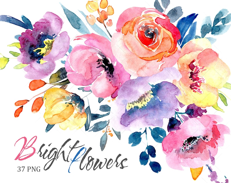 Watercolor Bright Flowers Clipart Elements Bouquets Floral - Etsy
