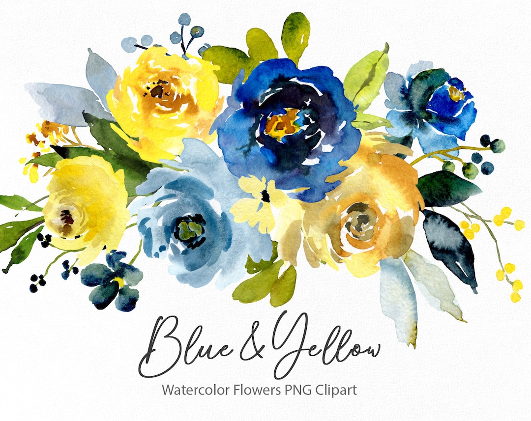 Watercolor Blue Yellow Flowers Clipart Bright Bouquet Digital Download ...
