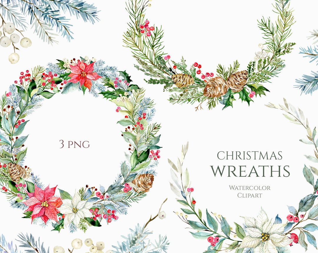 Winter Watercolor Wreaths Clipart Christmas Xmas Pine Cone Poinsettia ...