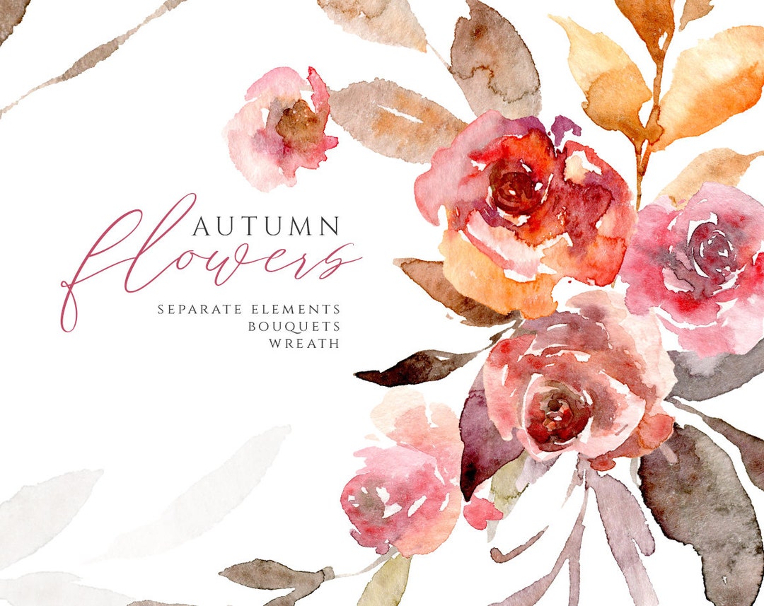 Watercolor Floral Clipart Autumn Flowers Clip Art Roses Wreath Bouquets ...