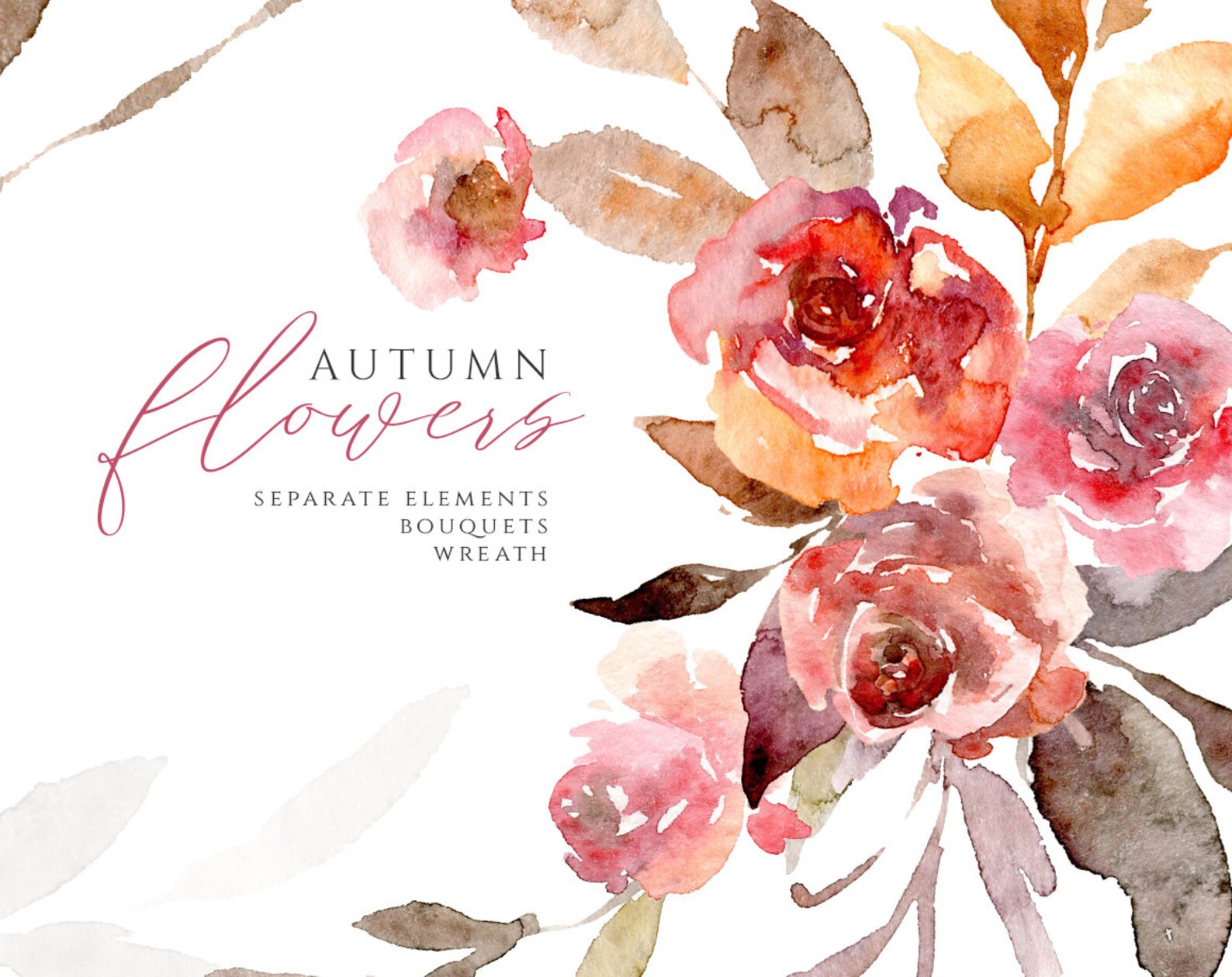 Watercolor Floral Clipart Autumn Flowers Clip Art Roses Wreath - Etsy