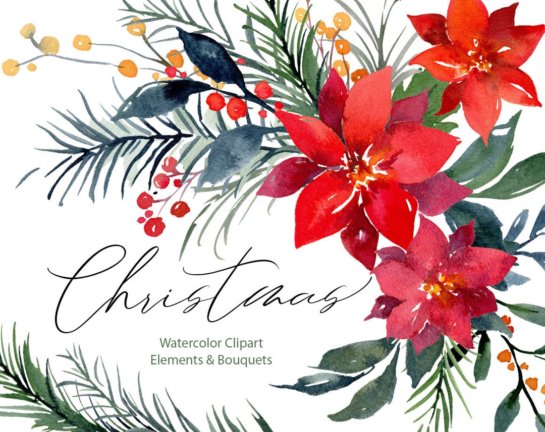 Christmas Watercolor Clipart Xmas Clip Art New Year Flowers Bouquets ...