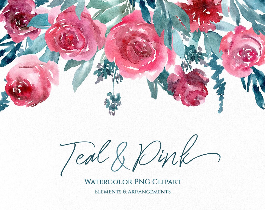 Watercolor Flowers Clipart Teal & Pink Floral Clip Art Digital Download ...