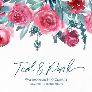 Watercolor Flowers Clipart Teal & Pink Floral Clip Art Digital Download ...