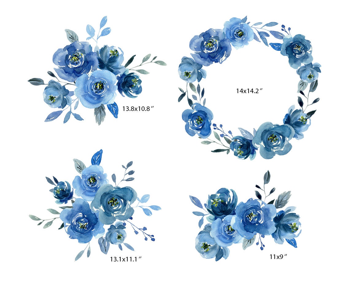 Watercolor Blue Flowers Clipart Indigo Navy Sapphire Roses - Etsy UK
