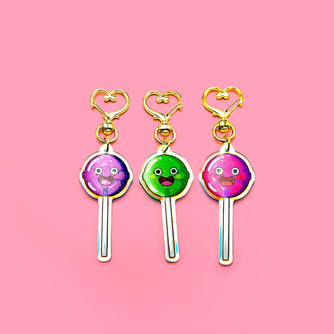 Kawaii Acrylic Lolly Keychain - Double Sided Rainbow Glitter Epoxy ...