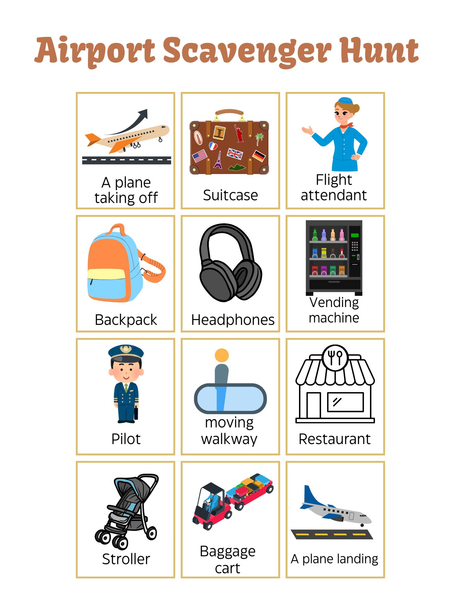 Airport Scavenger Hunt for Kids – Travel Activity Game, Airplane Trip ...