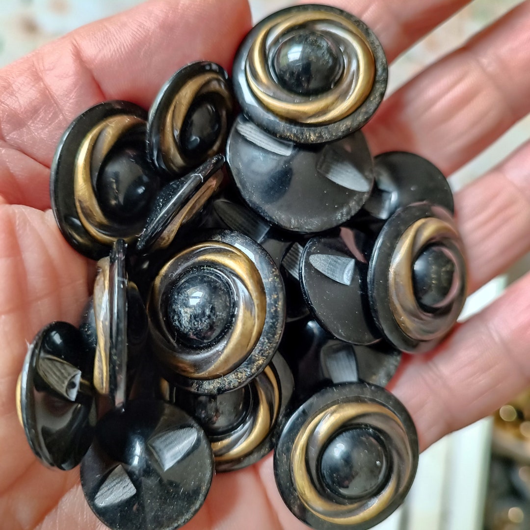 Black Buttons With Cabochon and Bronze Tone Metal Decoration, Set of 10 ...
