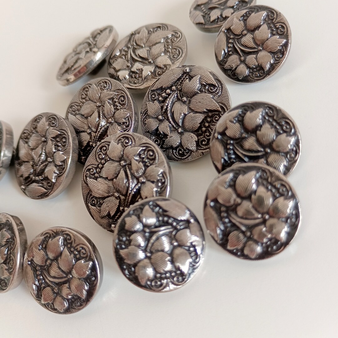 Silver Black Glass Buttons Floral Pattern, Jacket Dress Buttons, Made ...
