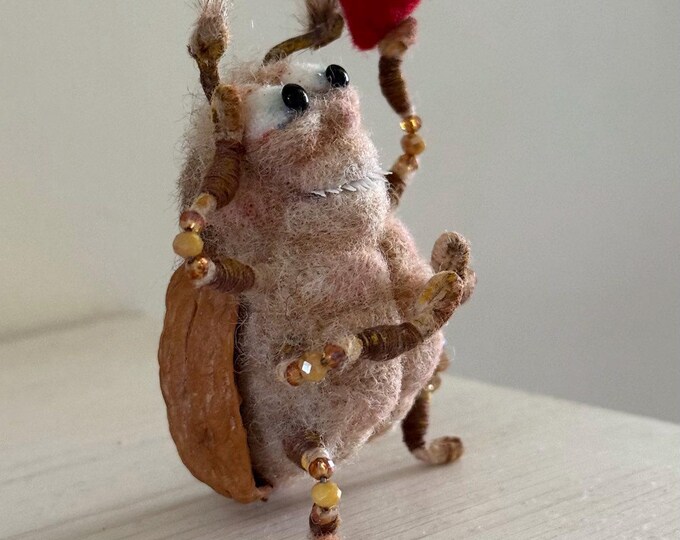Unique Handmade Beetle Sculpture With Wool, Walnut Shell Wings, Bead ...