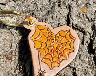 Spider Web Heart Embroidered Faux Leather Keychain, Spider Key Tag ...