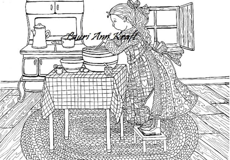 Girl Cooking in Kitchen Country Printable Adult Coloring Book Page ...