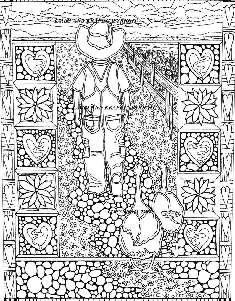 Country Boy With Geese Printable Adult Coloring Book Page Instant ...