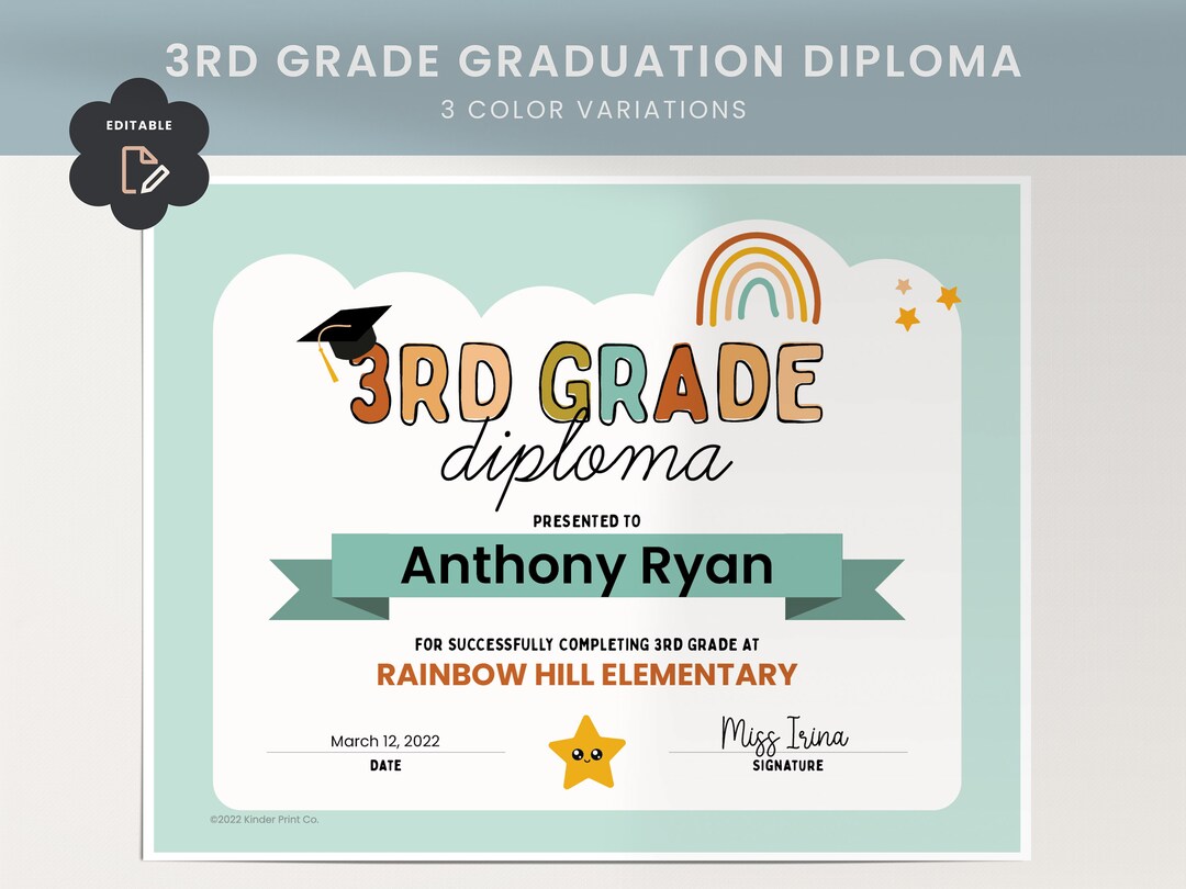 Editable 3rd Grade Diploma, Printable School Diploma Certificate ...