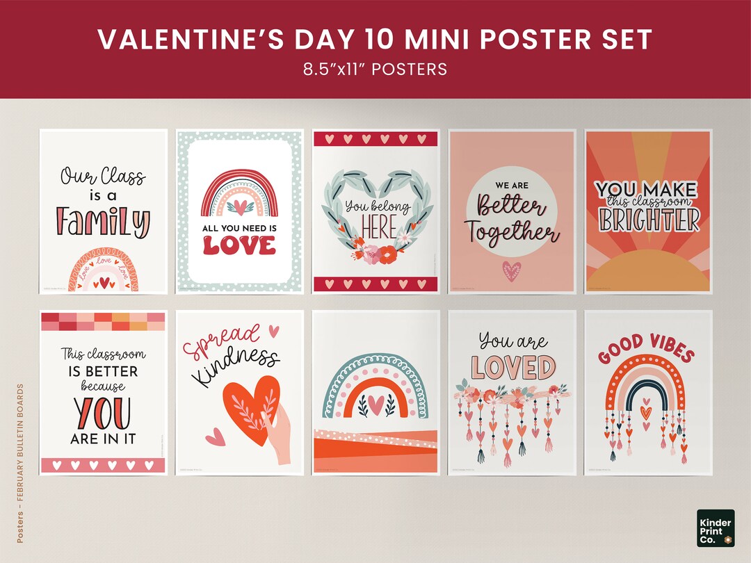 Valentine's Day 10 Mini Poster Set, February Classroom Bulletin Board ...