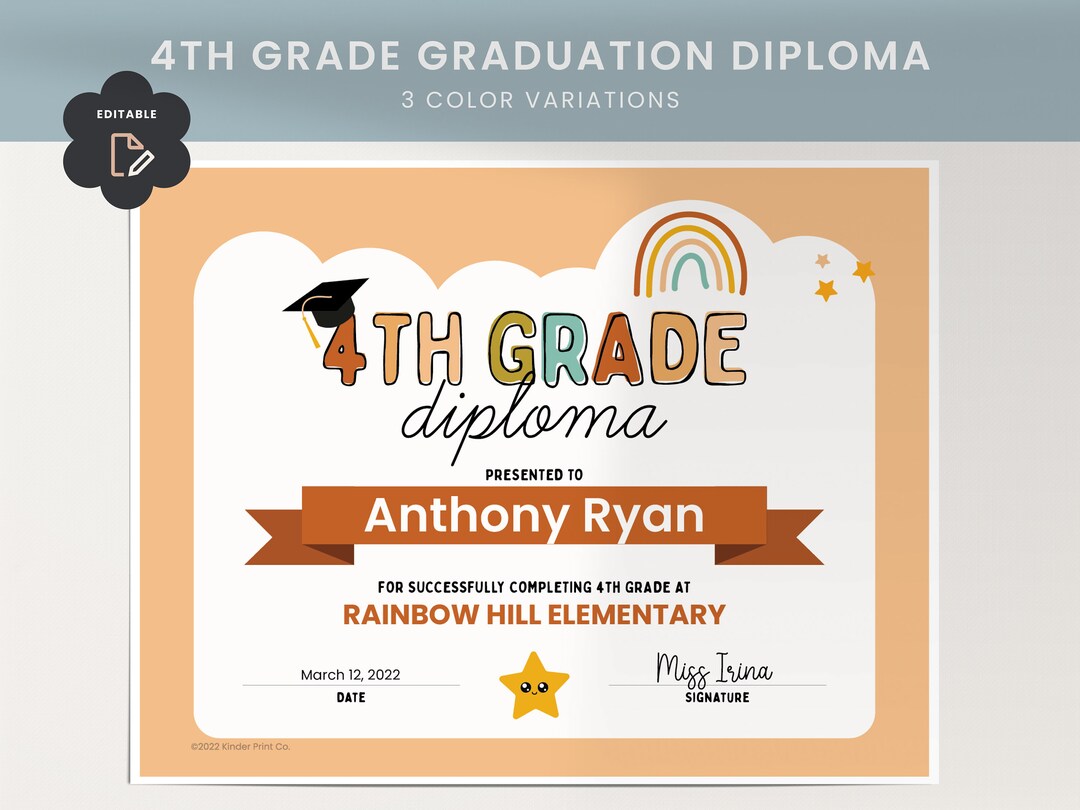 Editable 4th Grade Diploma, Printable School Diploma Certificate ...