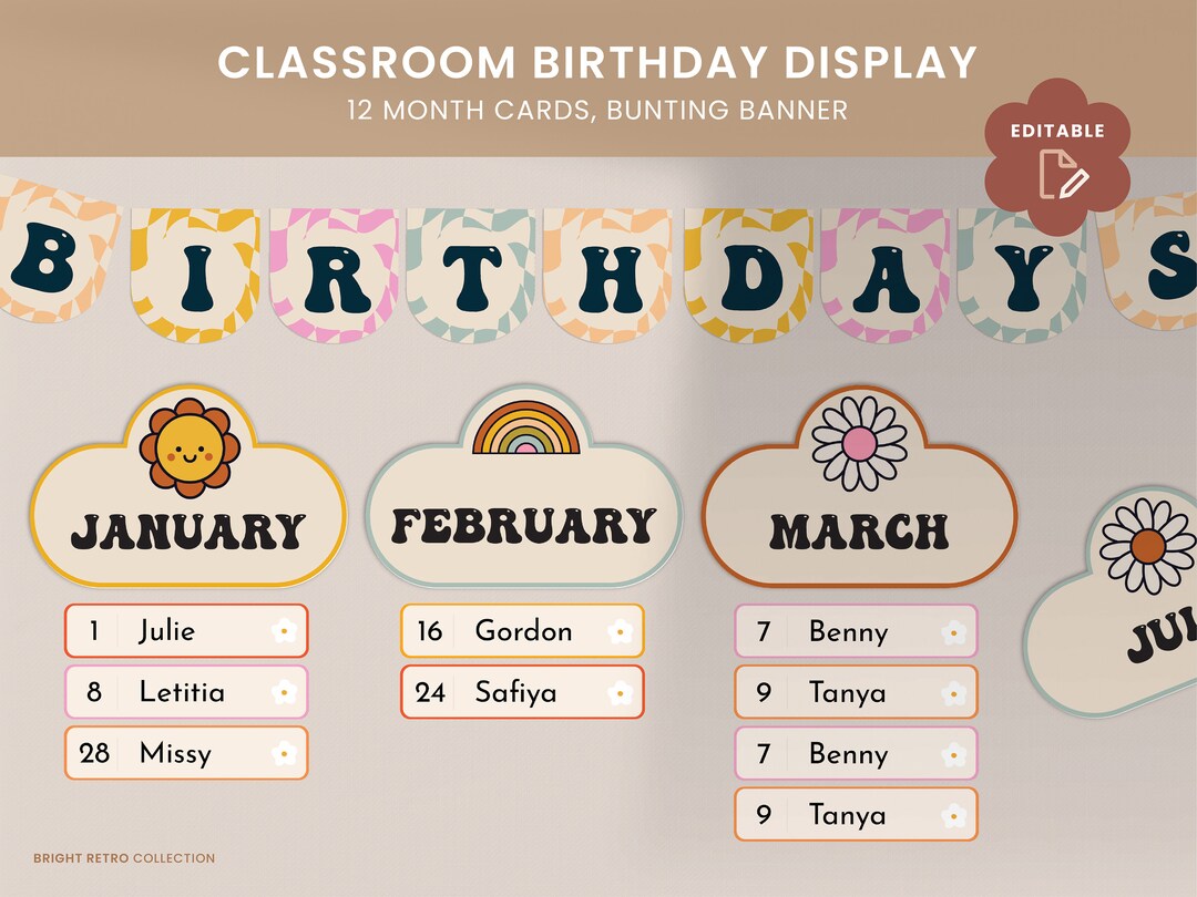 Classroom Birthday Display Pack, Birthday Bulletin Board, Bright Retro ...