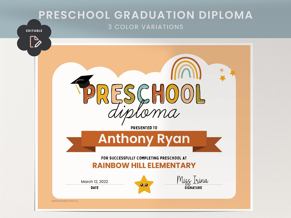Editable Preschool Diploma Printable School Diploma - Etsy Australia