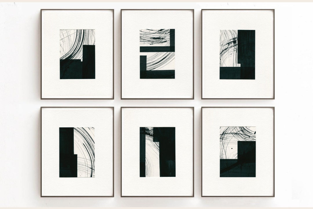 6 ORIGINAL Artworks, Set of 6 Ink Paintings, Geometric Abstract Gallery ...