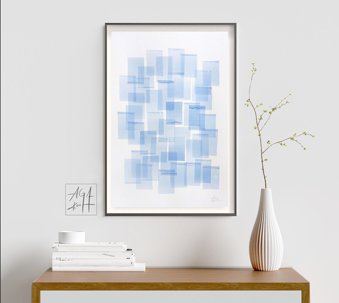 ORIGINAL Art Light Blue Watercolor Painting Abstract Geometric Sky Blue ...