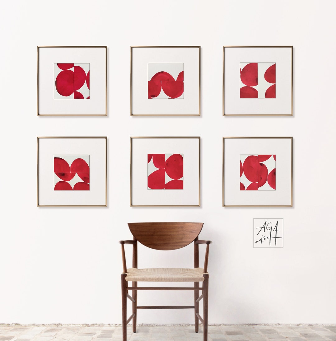 Set of 6 ORIGINAL Artworks, Red and White Wall Art Small Abstract ...