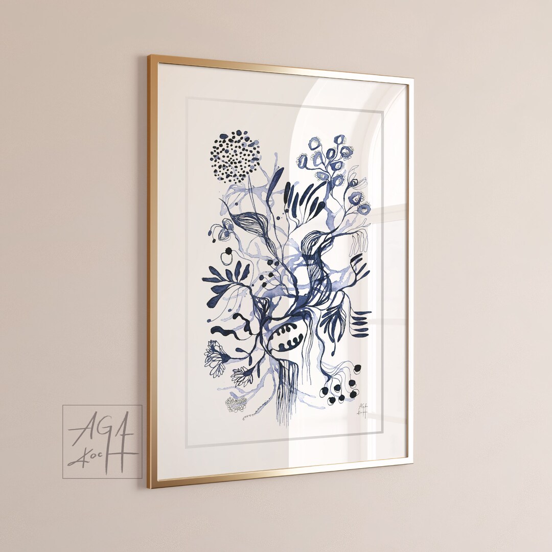 Indigo Blue Botanical Wall Art Print, Blue Chinoiserie Minimalist Navy ...