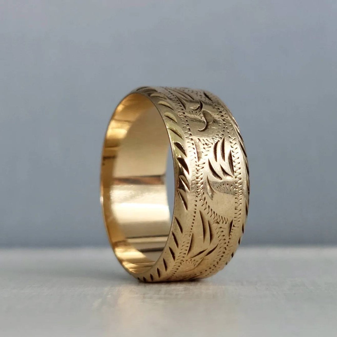 Vintage Wide Engraved Band 9ct Yellow Gold - Etsy