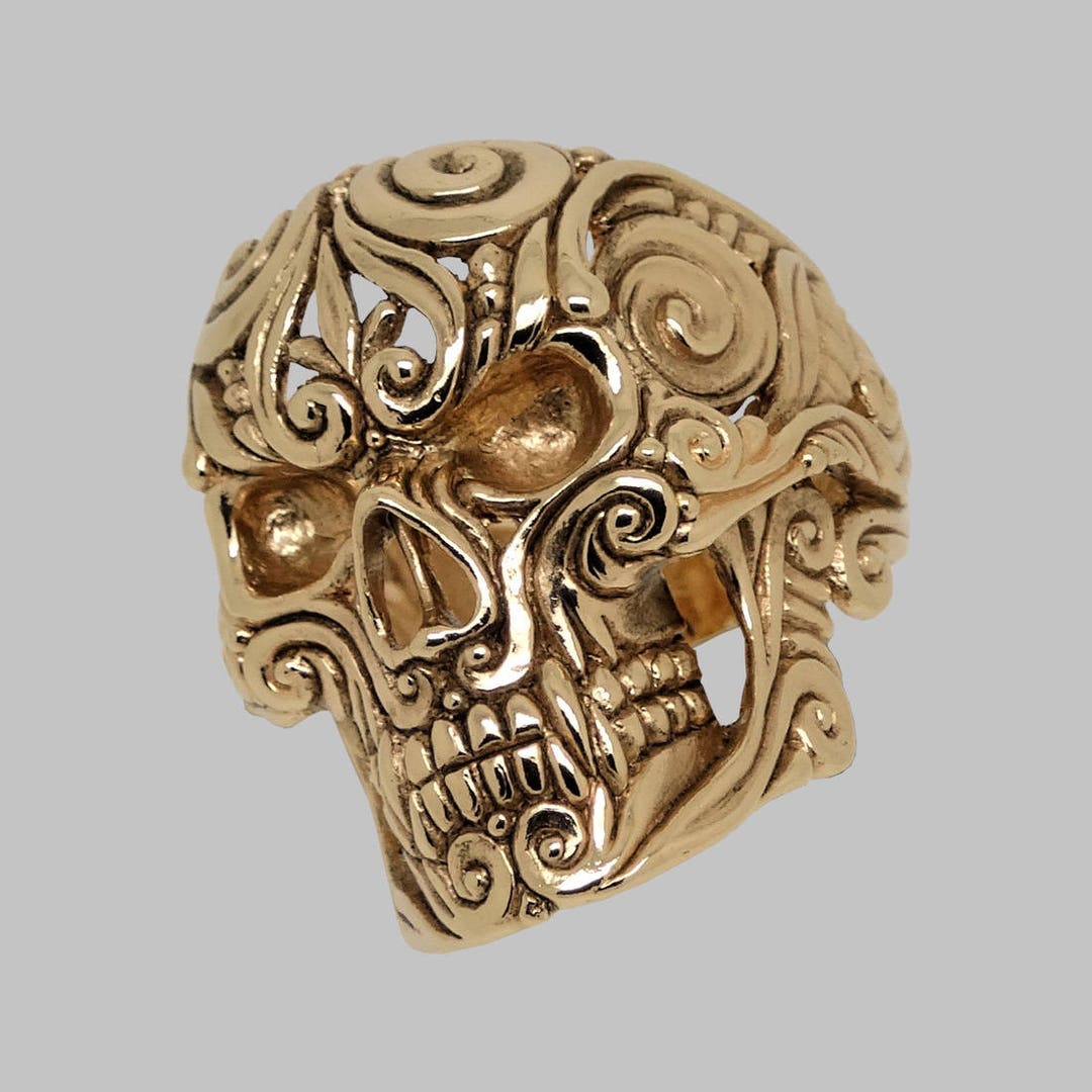 10K Sugar Mexican Skull Ring, Solid Yellow Gold Ring, Men Biker Ring ...
