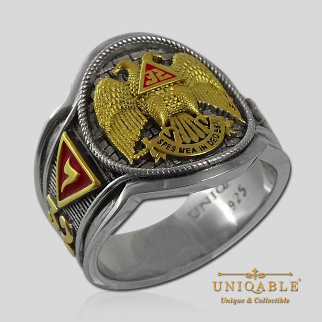 Handmade 32nd Degree Masonic Ring – 925 Sterling Silver, 18K Gold Eagle ...