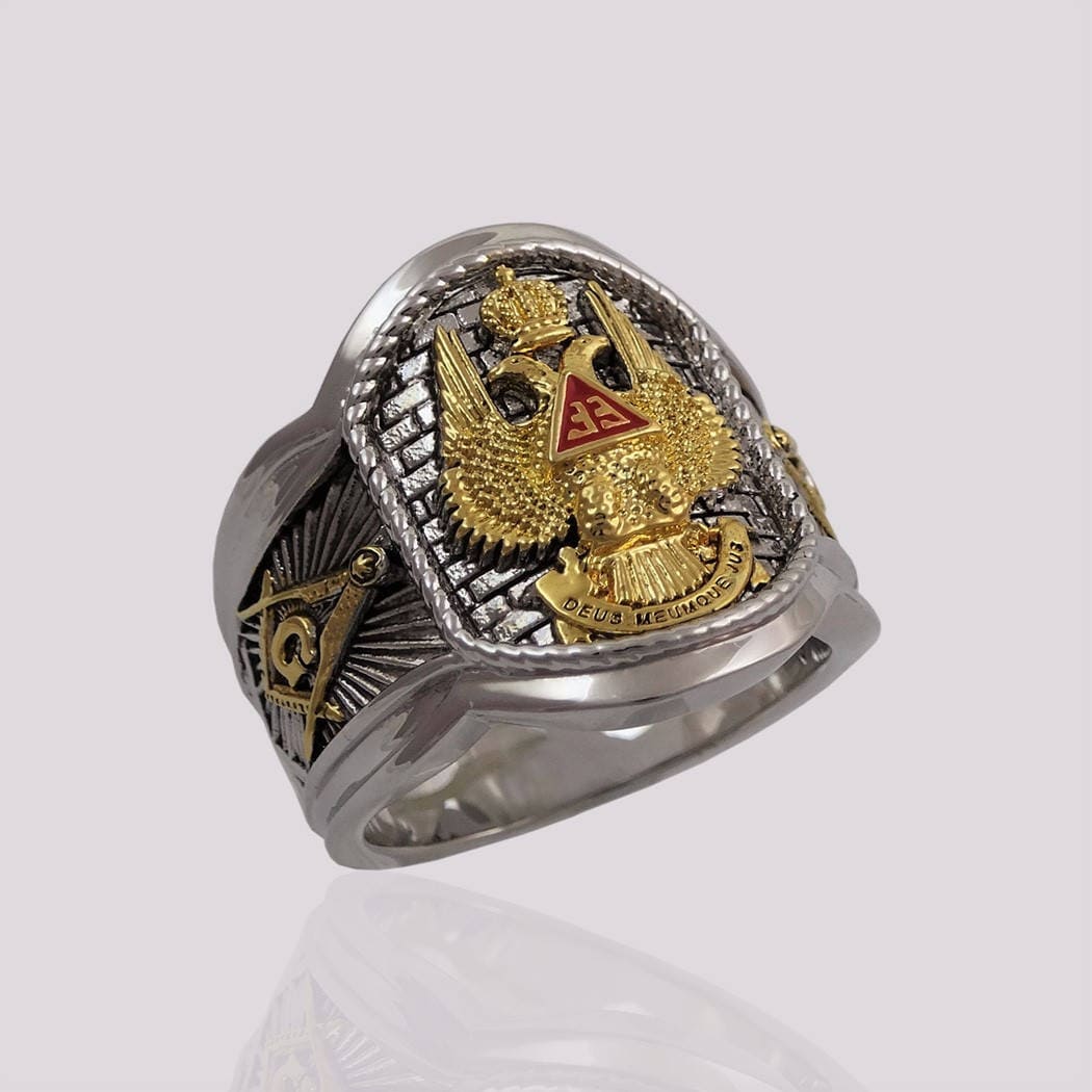Custom Made Scottish Rite 33 Degree Master Mason Masonic Ring White and Yellow 18K Gold Plated 20 Grams Double Eagle Handcrafted BR 23