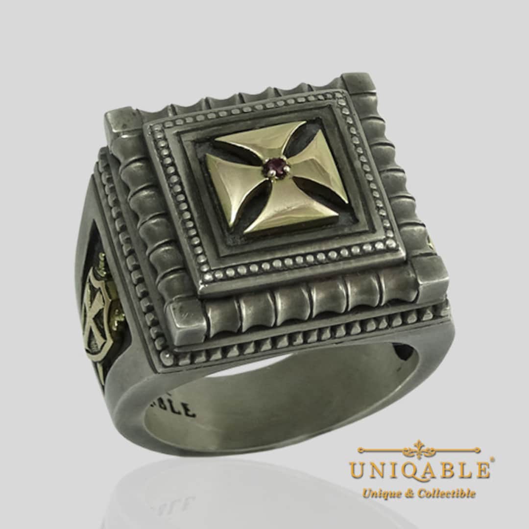 Handcrafted Sterling Silver Knight Templar Ring: 14K Gold Cross, Ruby ...