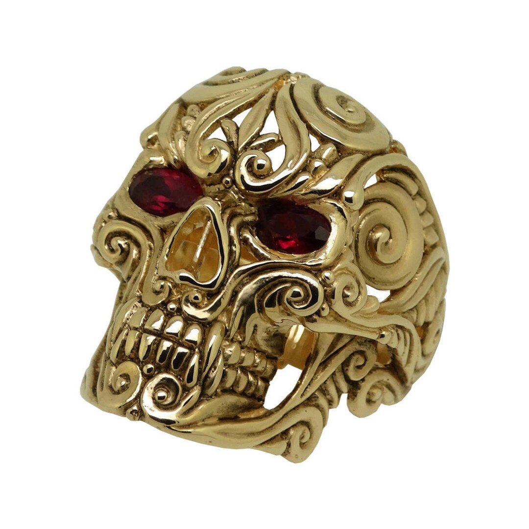 Full Jaw 10K Gold Sugar Skull Ring, Mexican Stile Ring, Eyes Ruby Stone ...