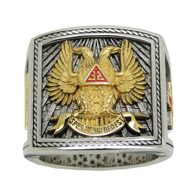 Scottish Rite 32 Degree Wings up Masonic Ring • 925 Silver & 18K Gold ...