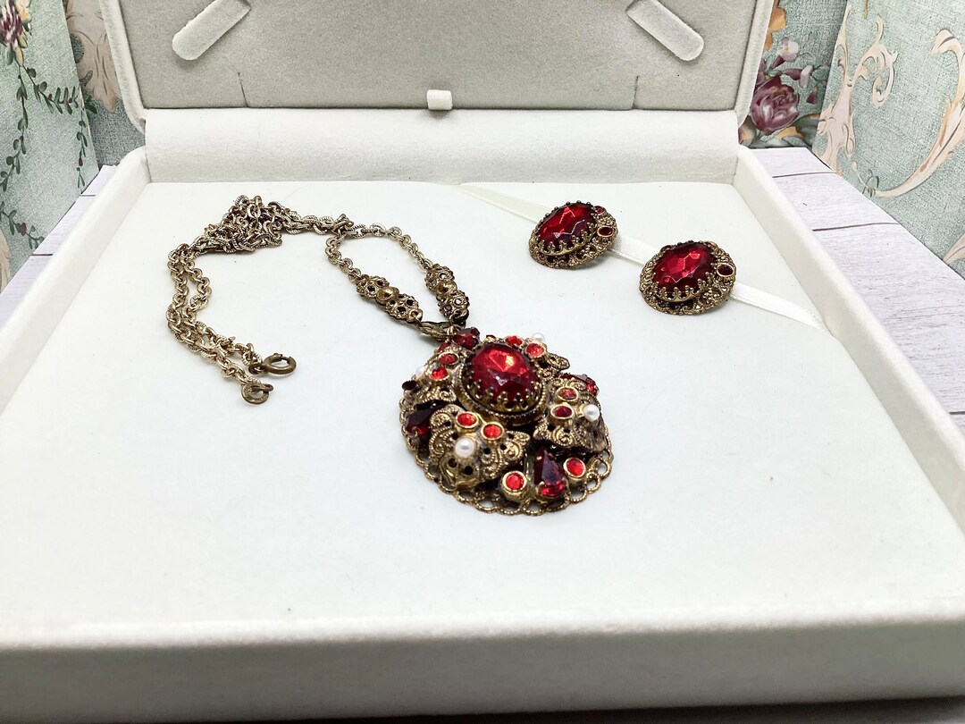 Vintage West Germany Red Rhinestone Faux Pearl Gold Filigree Necklace & Earrings Set - Etsy