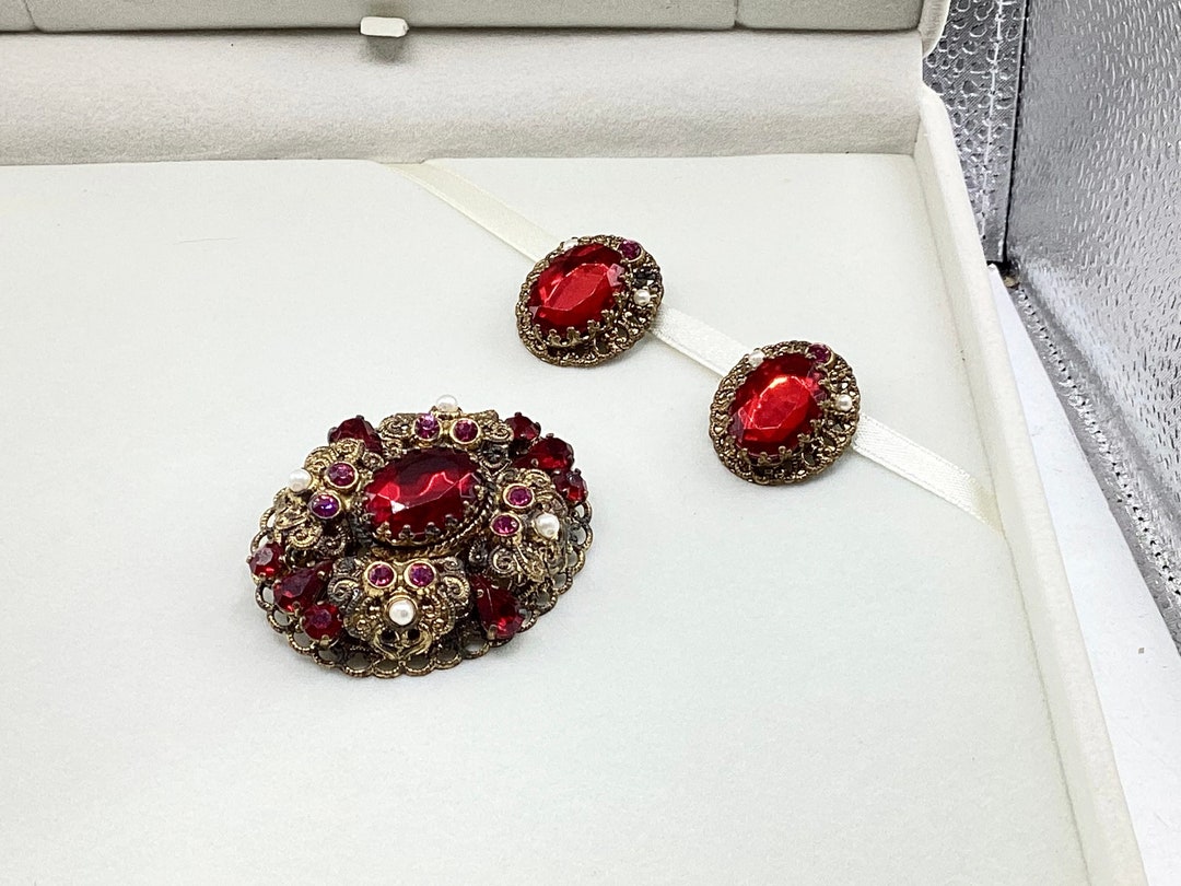 Vintage West Germany Red Rhinestone Faux Pearl Gold Filigree Brooch & Earrings Set - Etsy