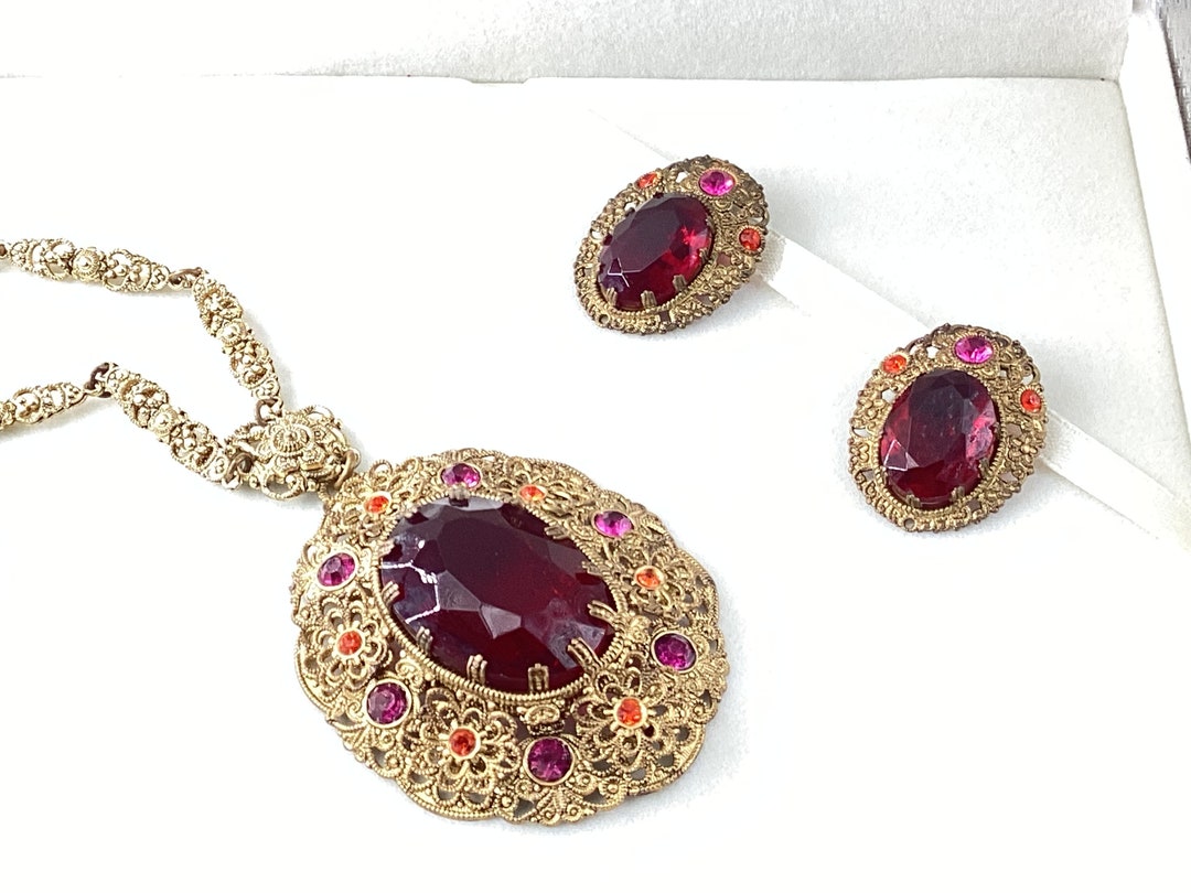 Vintage West Germany Red Pink Rhinestone Faux Pearl Gold Filigree Necklace & Clip Earrings - Etsy