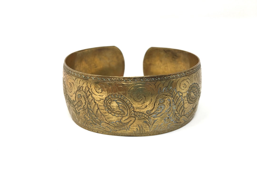 Vintage Brass Cuff Bracelet Embossed Brass Bangle - Etsy