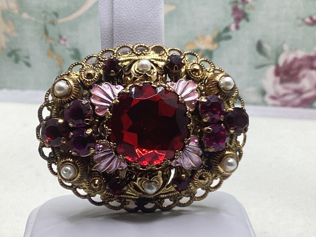 Vintage West Germany Red Pink Filigree Faux Pearls Gold Tone Brooch - Etsy